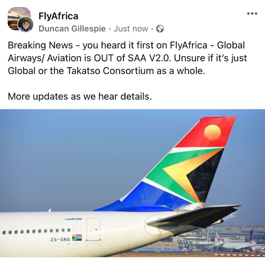 Takatso denies rumour that Global Aviation is pulling out of SAA equity ...