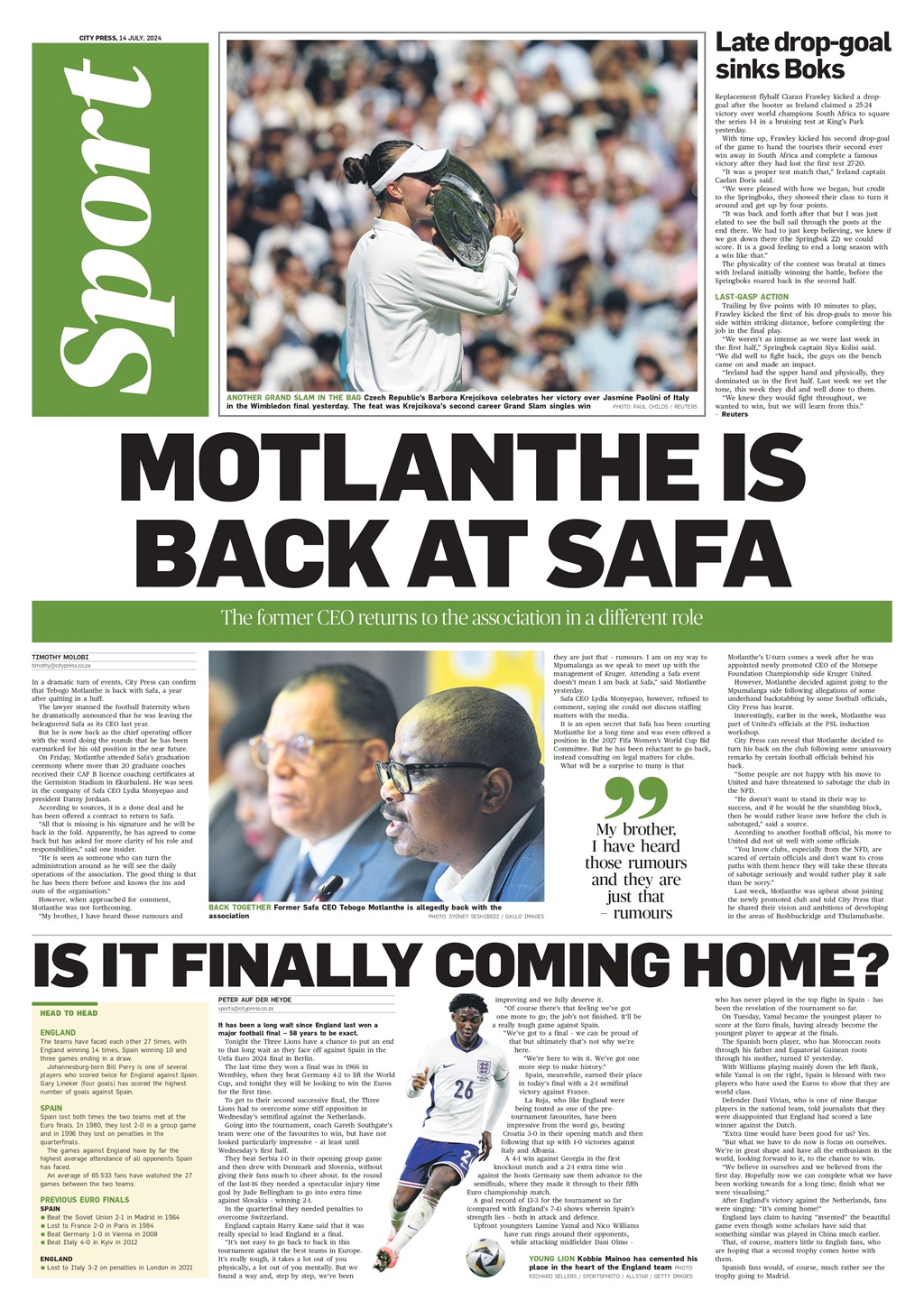 What's in City Press Sport: Irvin Khoza pays tribute to his friend ...