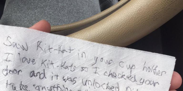 Someone Broke Into a Car to Steal a Kit Kat and Left this note | Son
